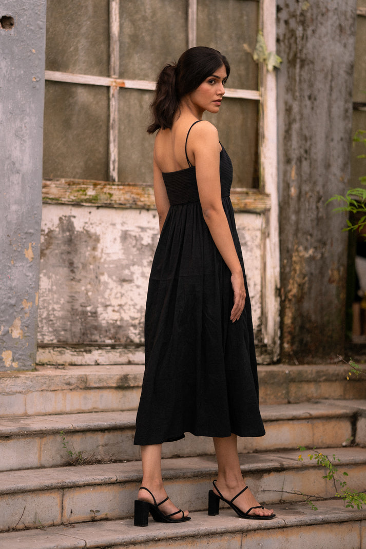 Black Midi Dress | Black Cotton Dress - Bohemian Soul